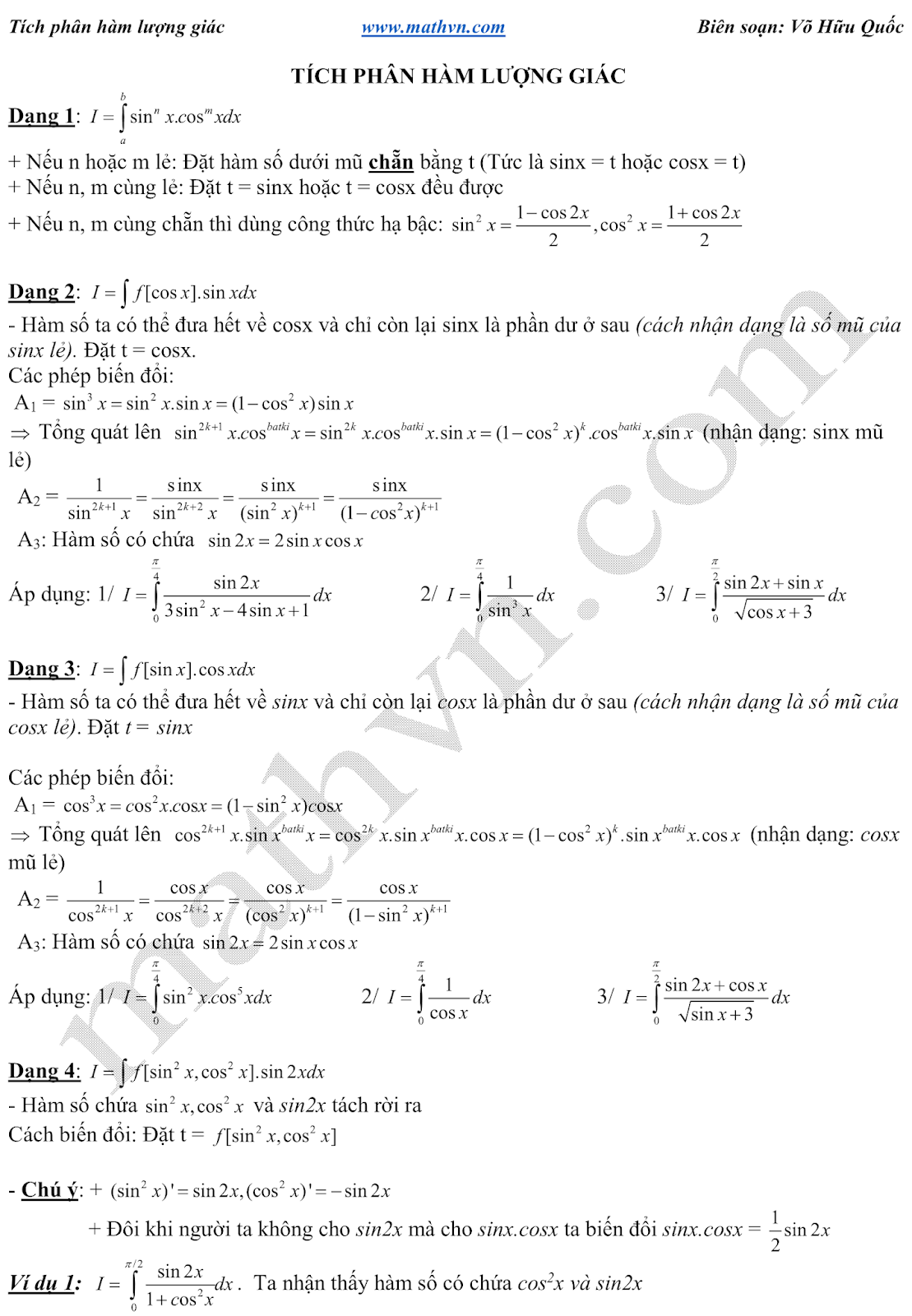 Cách tính tích phân của hàm số lượng giác - Phần 1 - Toán Học Việt Nam