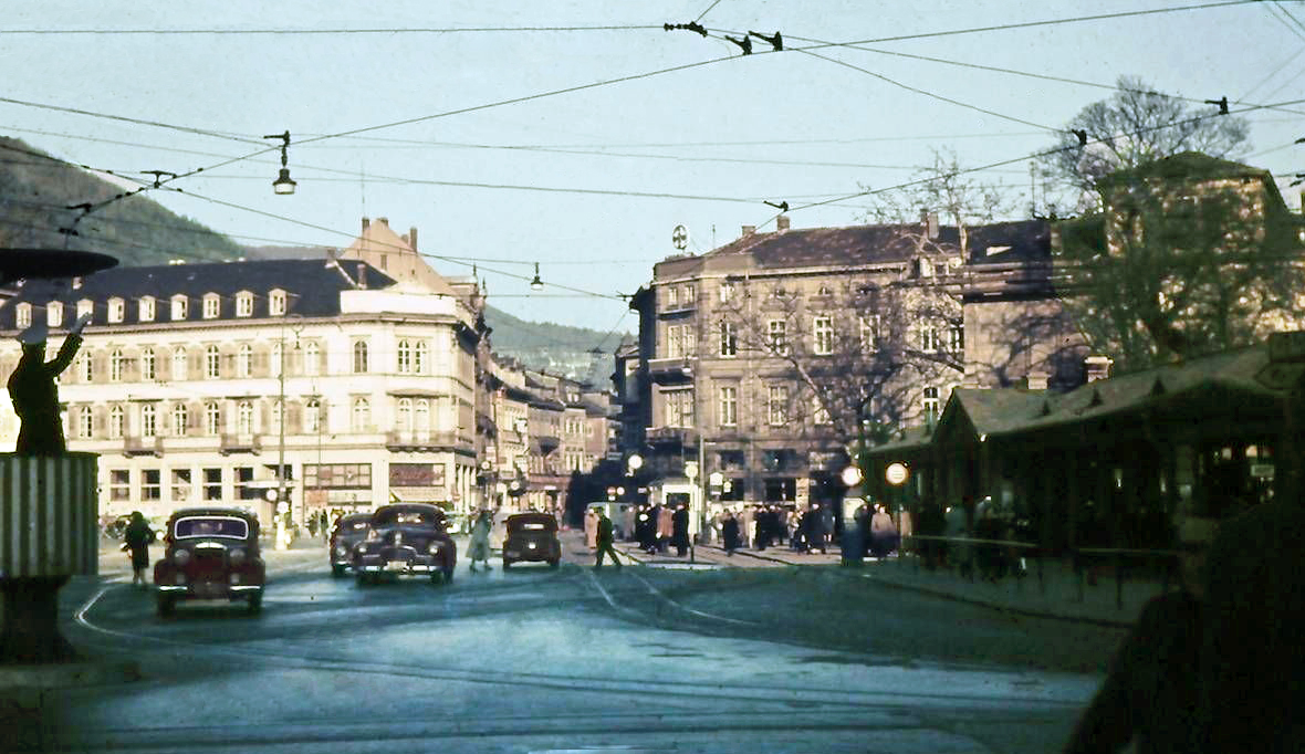 transpress nz: cars in Heidelberg, Germany, 1950s