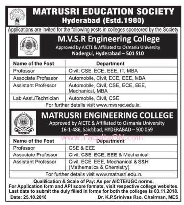 Matrusri Engineering College, Hyderabad, Wanted Teaching Faculty ...