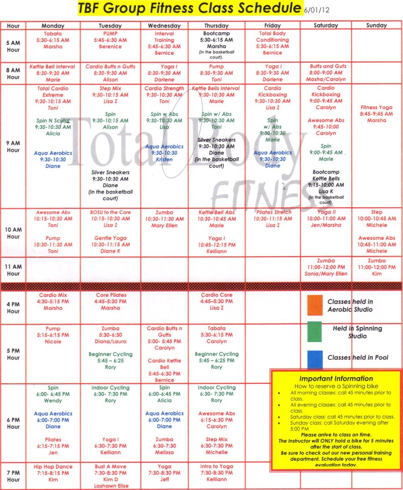 Total Body Fitness: Group fitness class schedule