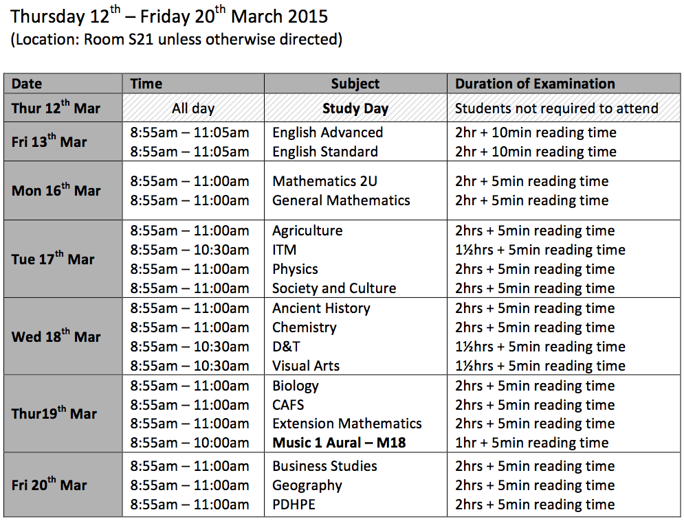 MACC STAGE 6: 2015 HSC HALF YEARLY EXAM TIMETABLE