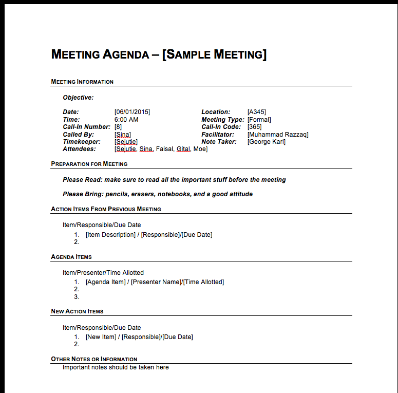 Planning A Productive Meeting: Setup Task 2: Agenda