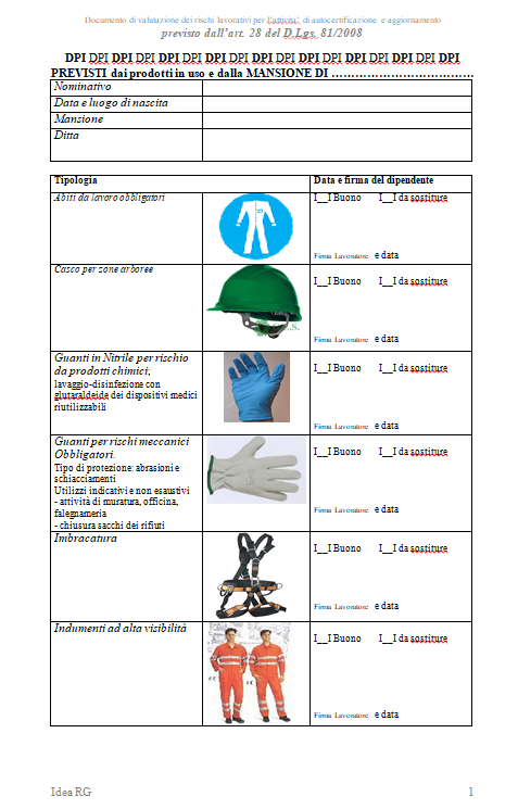 sicurezzanellasicurezza: DPI assegnazione Modulistica "Idea RG" - Roma
