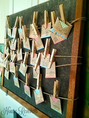 Drape some twine or ribbon across a frame or mantle and clip the advent ...