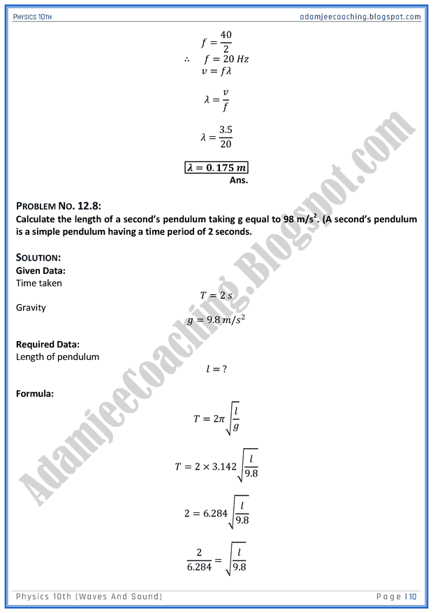 Adamjee Coaching: Waves and Sound - Solved Numericals - Physics 10th