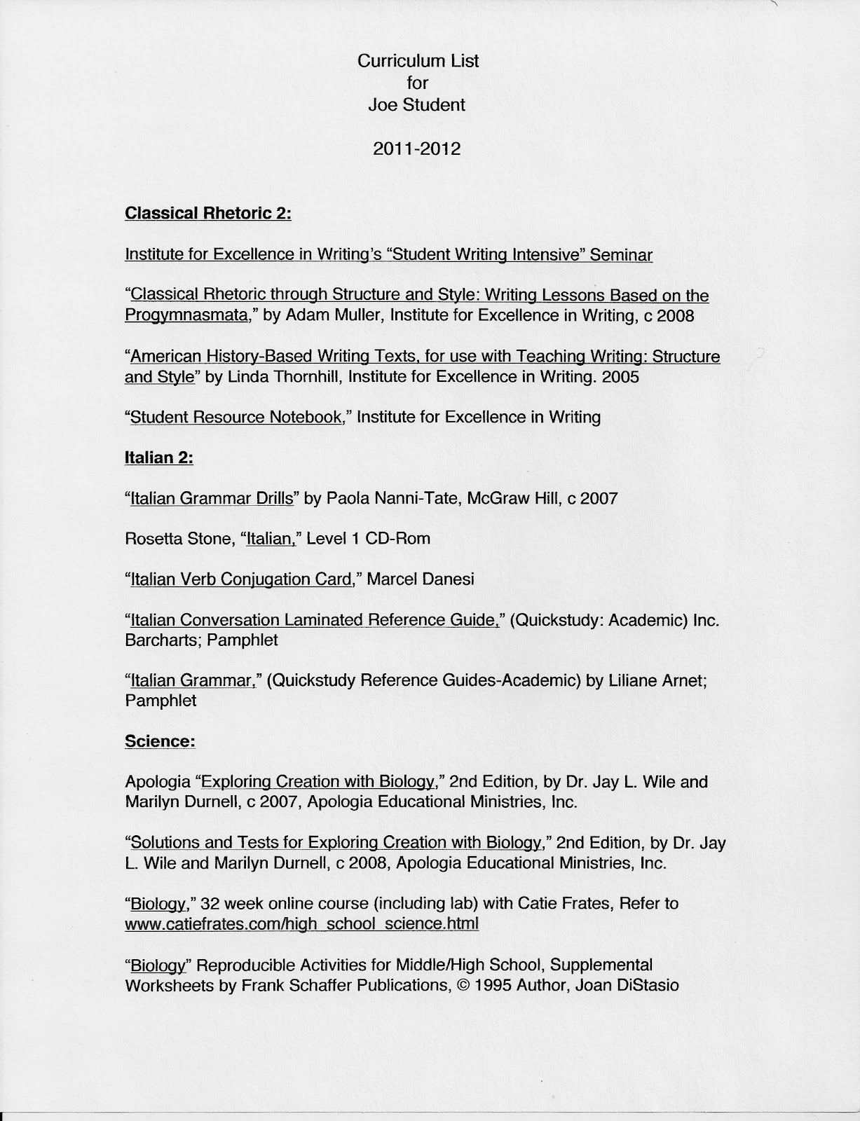 Sample Homeschool Blog: Curriculum List