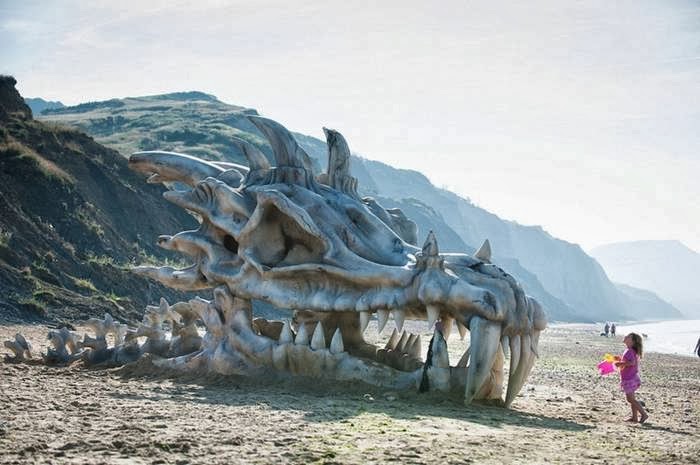 Giant Dragon Skull on beach in Dorset’s Jurassic coast in England ...