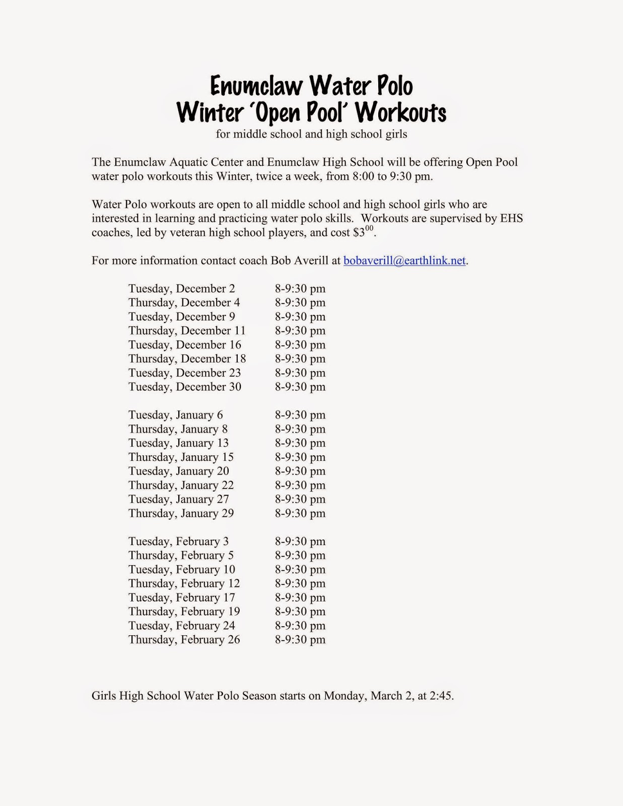 Enumclaw Water Polo: Winter Open Pool Schedule Posted