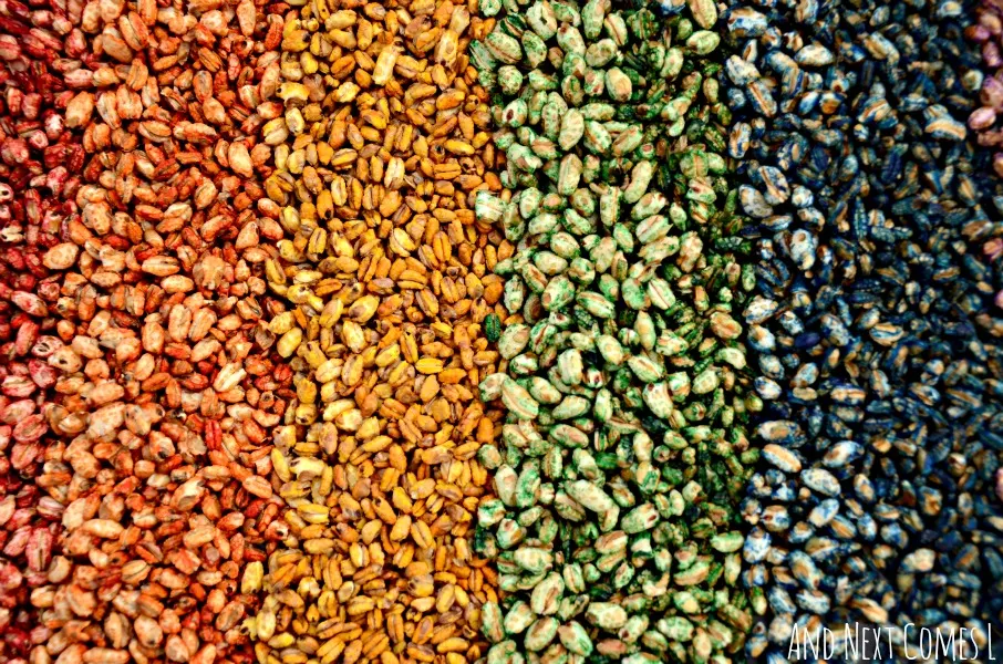 Rainbow Puffed Wheat {How to Dye Cereal for Sensory Play} | And Next ...