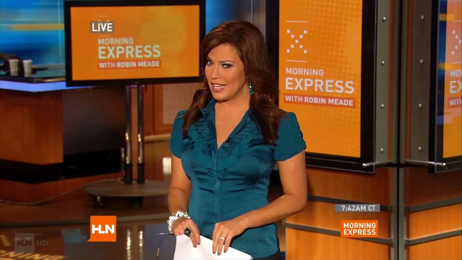 Ladies in Satin Blouses: robin meade - dark teal satin blouse revisited