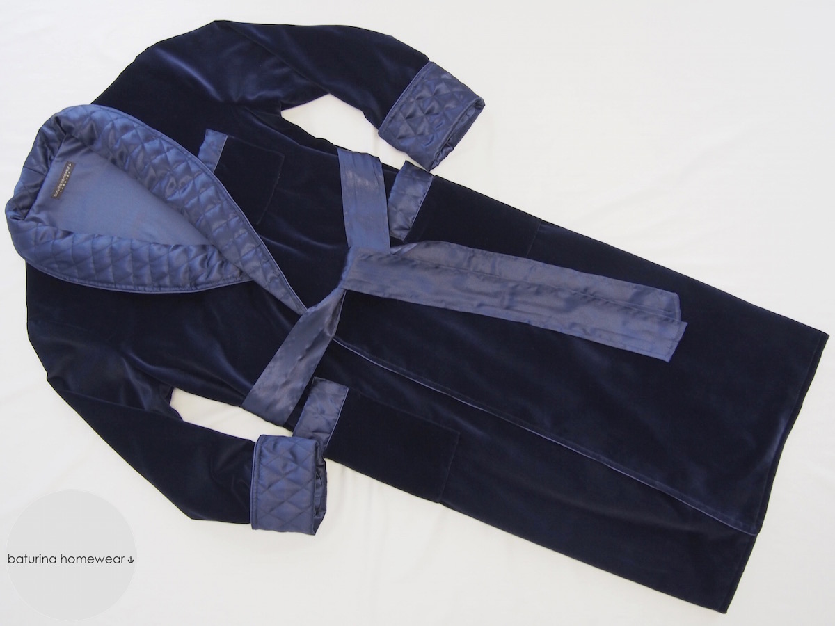 Men's Navy Blue Velvet and Quilted Silk Dressing Gown and Smoking Jacket