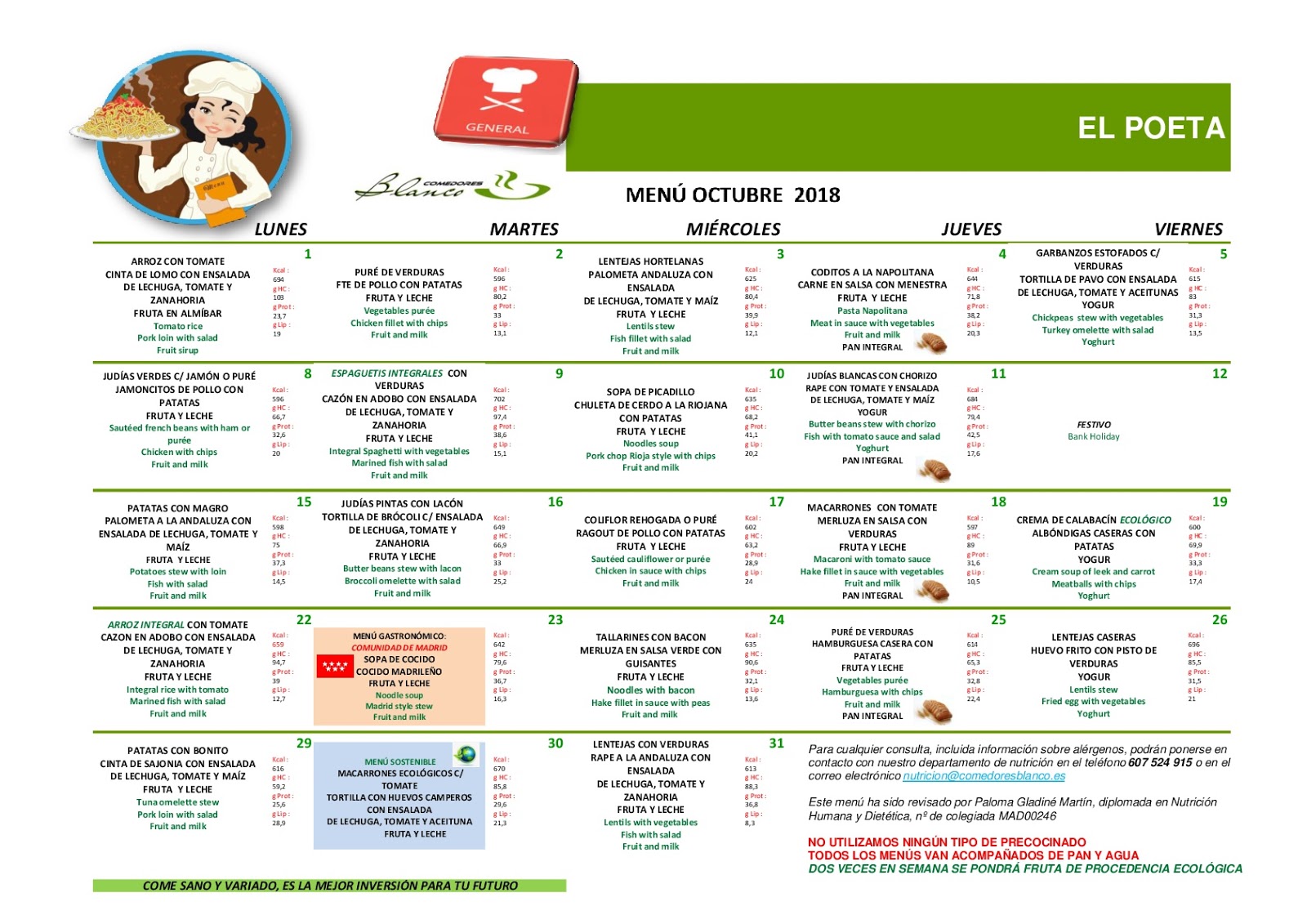 AMPA EL POETA: MENU COMEDOR