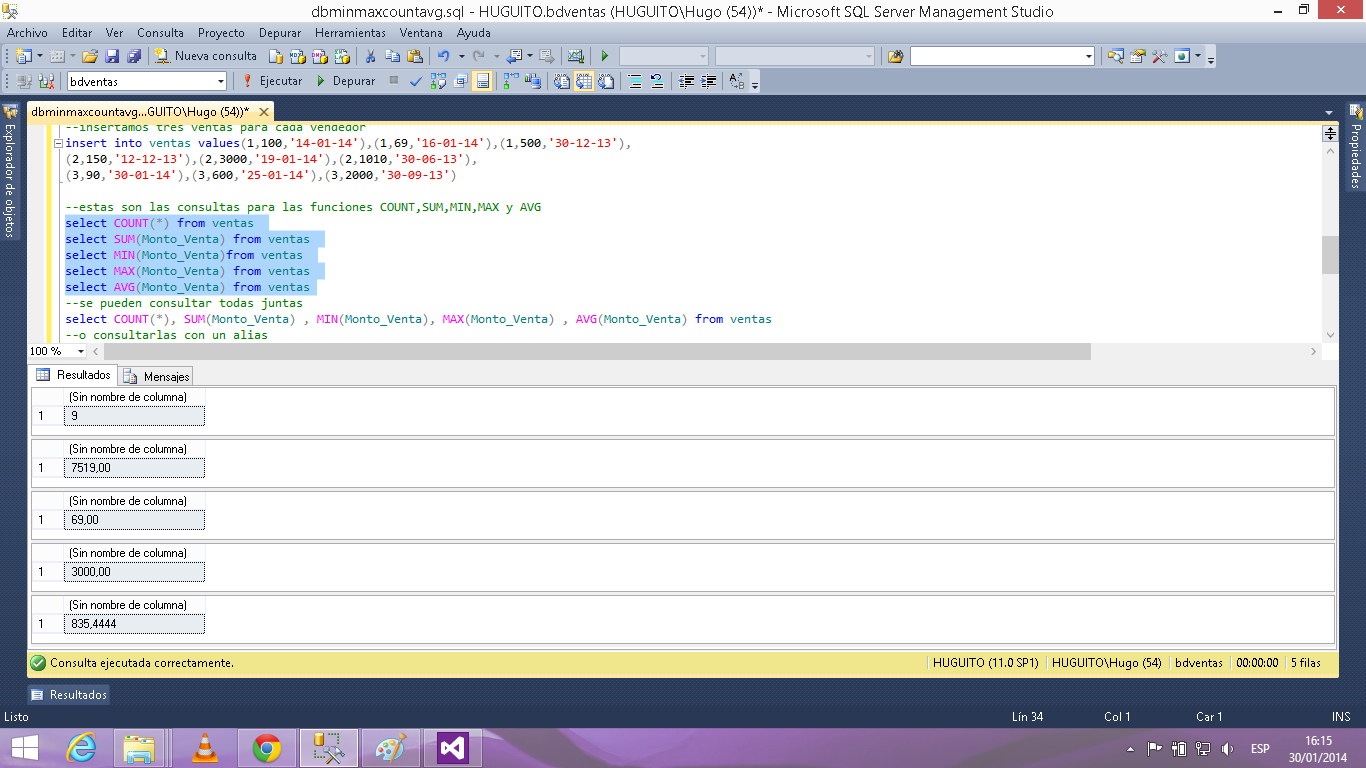 El Huguito Ejecutar Count Sum Min Max Avg En Sql Desde C