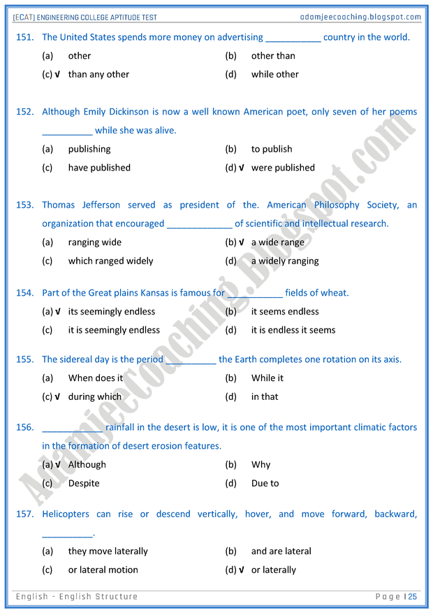 Adamjee Coaching: ECAT English [English Structure] MCQs for Engineering ...