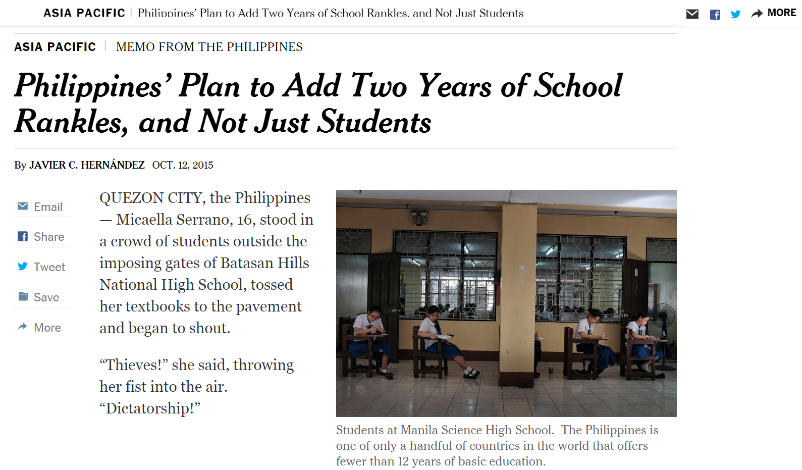 DepEd's K to 12 Has Reached the New York Times