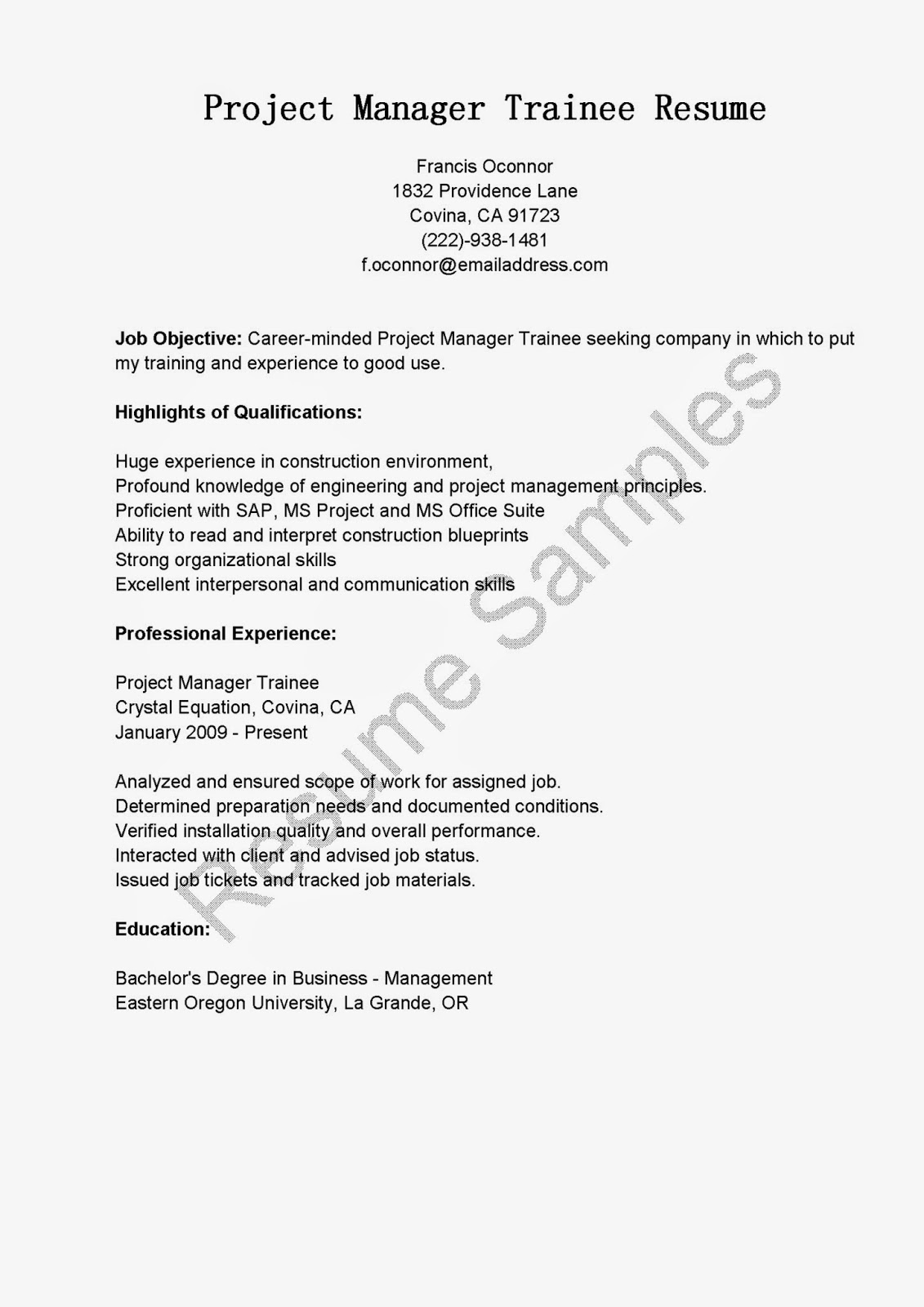 Resume Samples: Project Manager Trainee Resume Sample