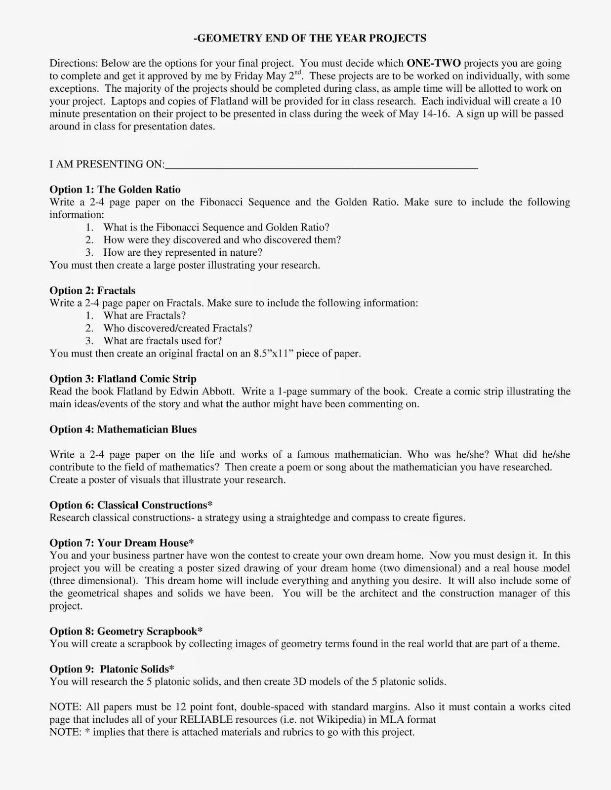 Geometry 101: End of Year Projects!!!