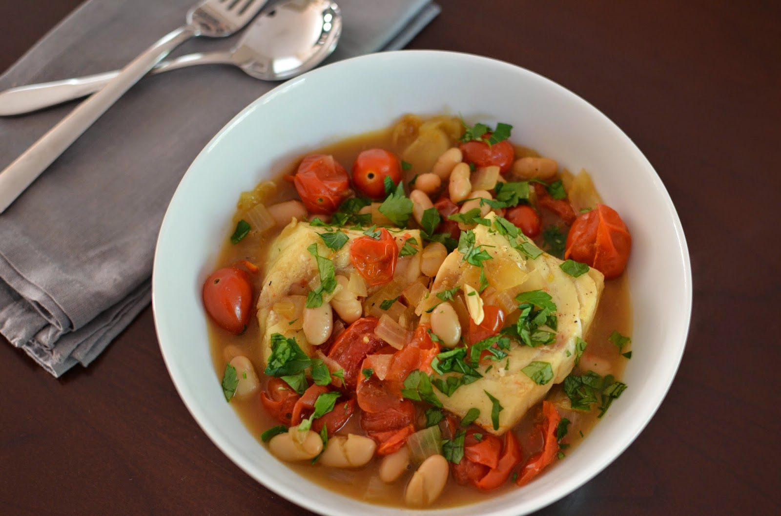 Playing with Flour: Poached saffron cod with burst tomatoes and white beans