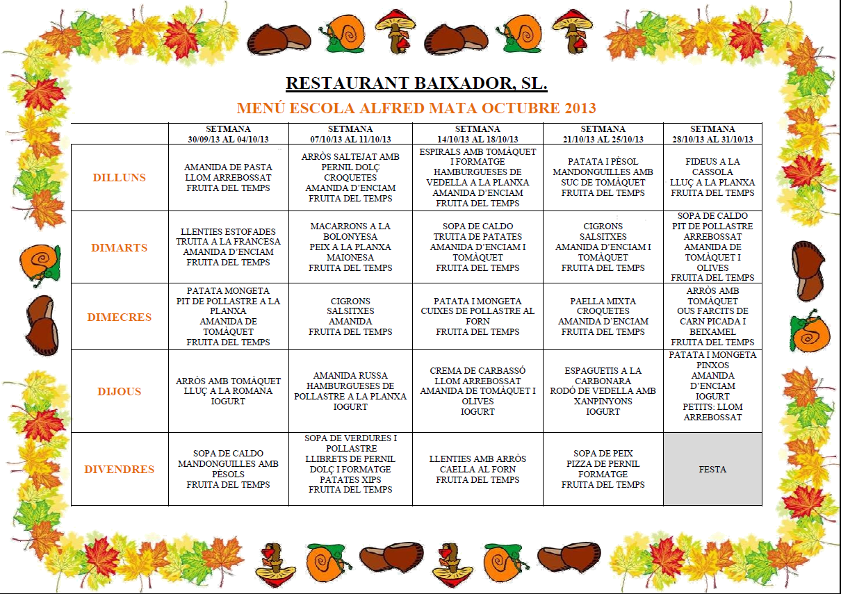 MENÚS ESCOLARS: MENÚ ESCOLAR OCTUBRE'13