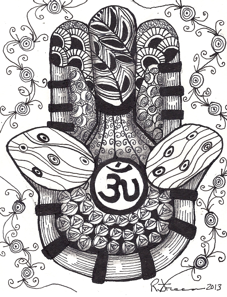 Rachel Freeman Collage Art: Hamsa Hand Zentangle 2