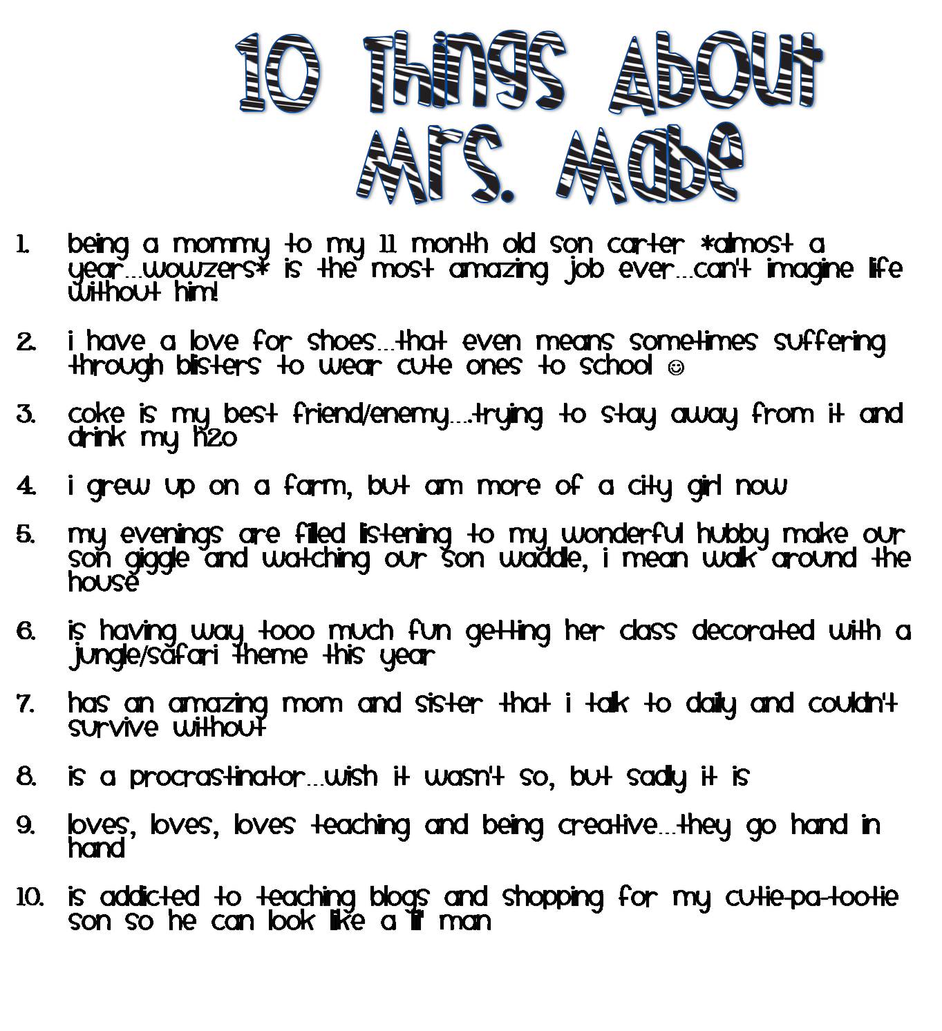 Fabulous Firsties: 10 Things About Me.....