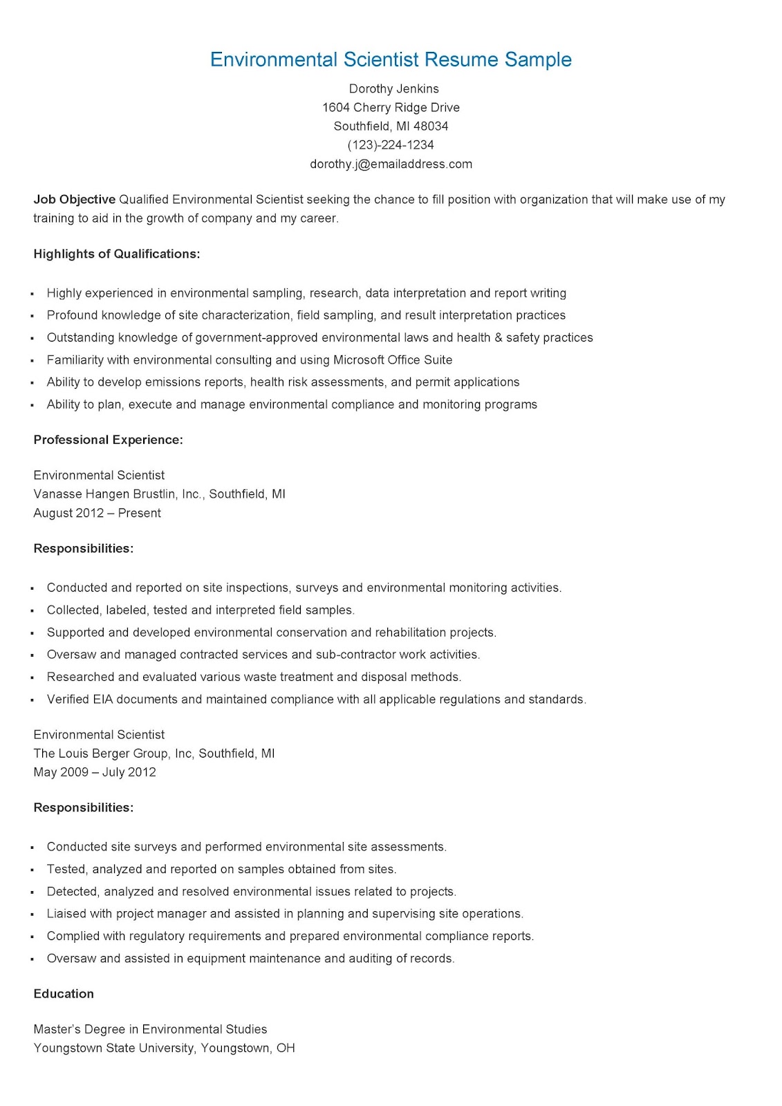 Resume Samples: Environmental Scientist Resume Sample Resume Samples: Environmental Scientist Resume Sample