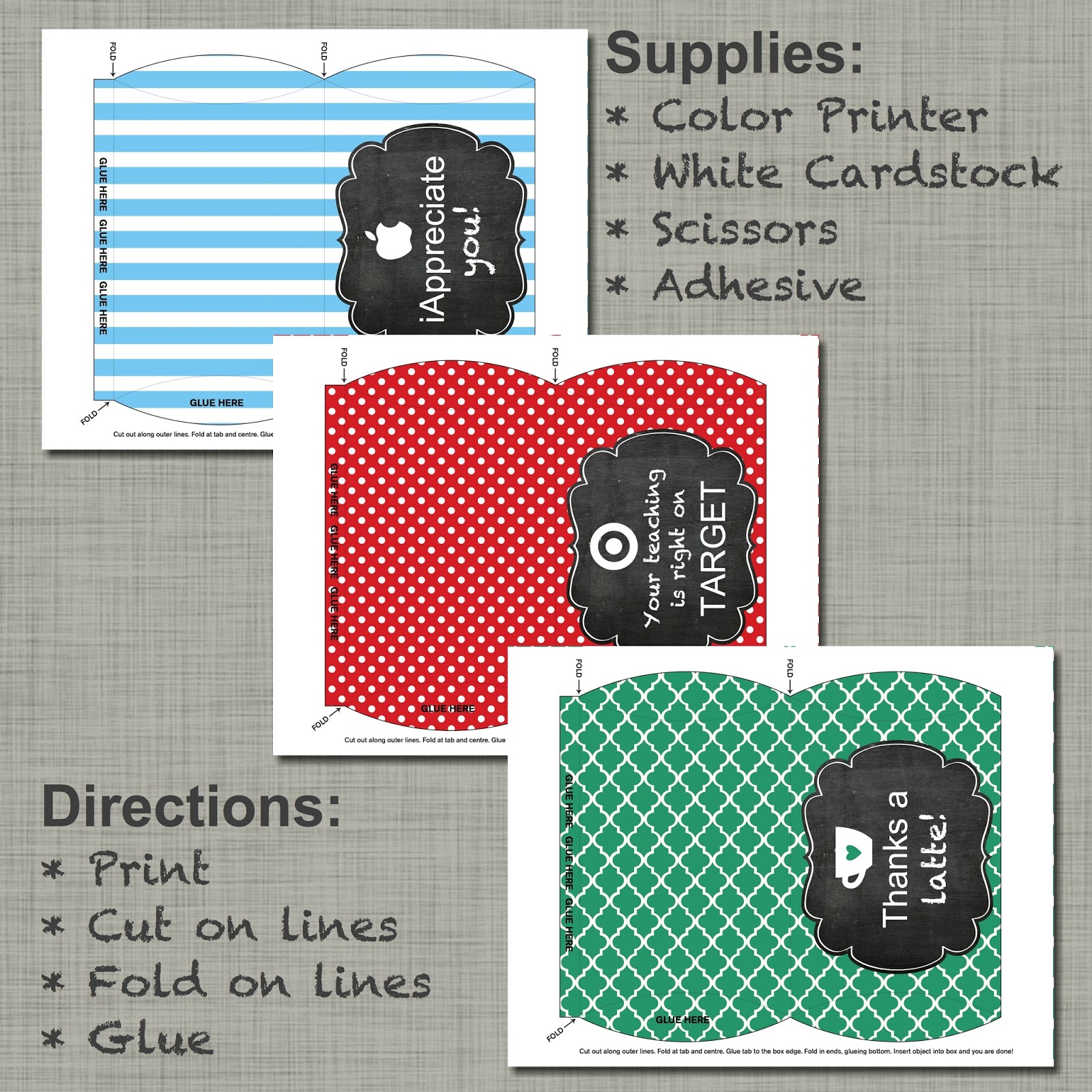 The Polka Dot Posie: Free Printable Teacher Appreciation Gift Card Boxes