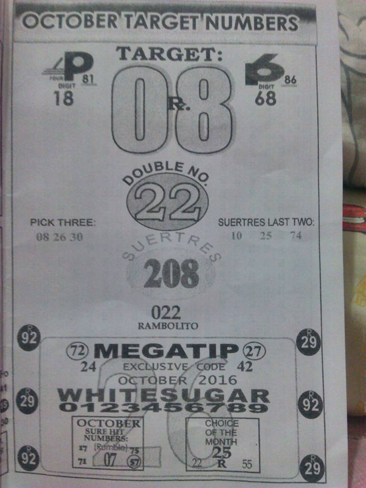 Pinoy Lucky Numbers: October 01-31 2016 | MEGATIP Monthly Guide for ...