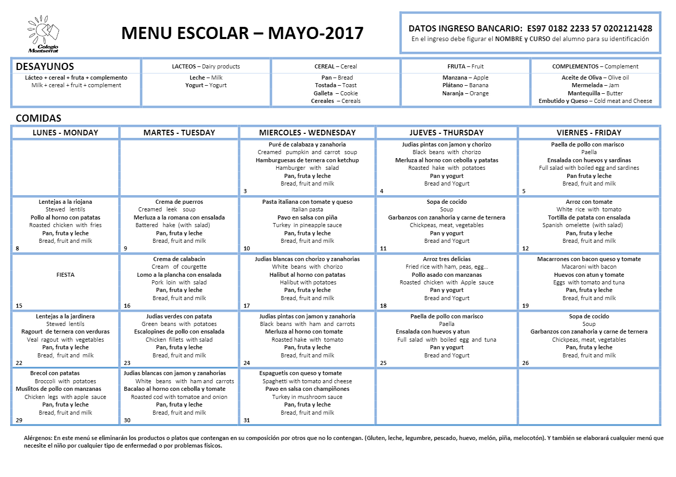 AMPA Colegio Montserrat: MENU ESCOLAR. MAYO 2017