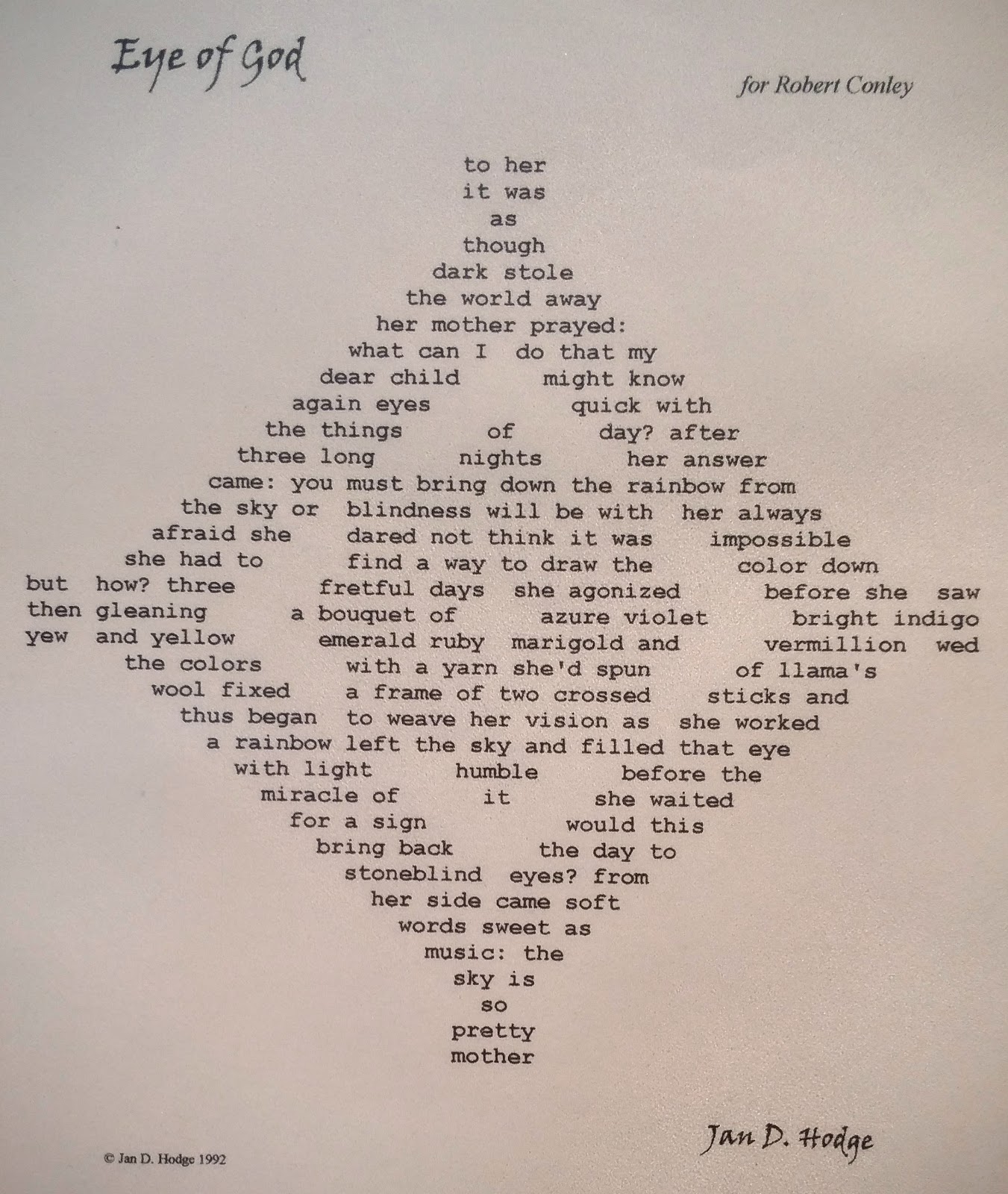 History and Culture by Bicycle: Jan D. Hodge: Shaped Poems, Eye of God