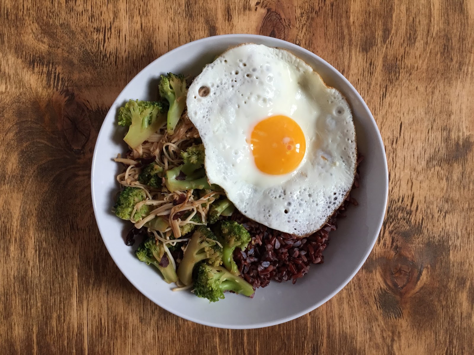 Inglourious Bananas: Red Rice with Broccoli, Enoki Mushrooms and Fried ...