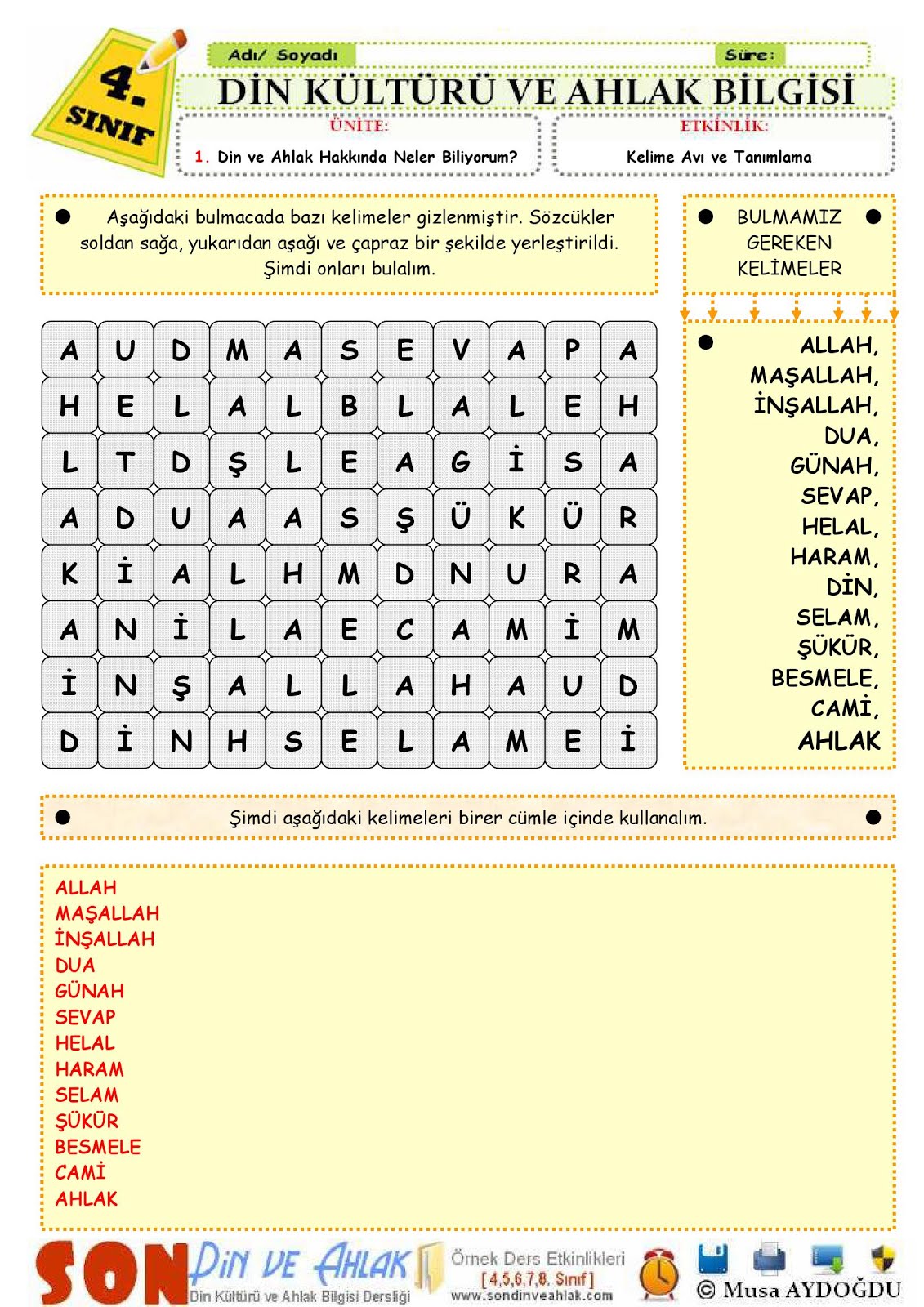 DinDersiOyun.com: 4. Sinif 1. Unite Bulmacalar Etkinlikler (Yazdirilabilir)