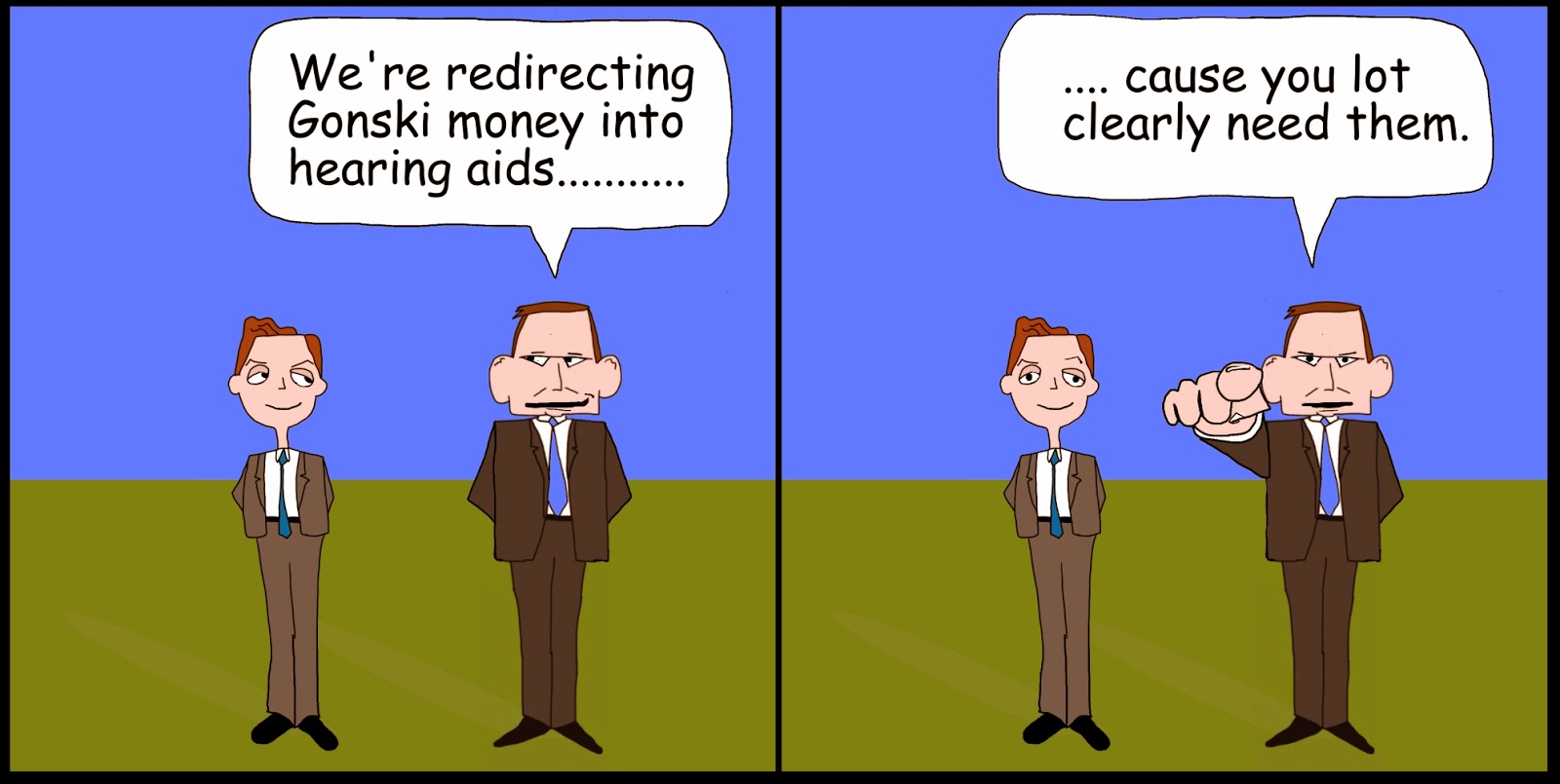 laberal: Tony Abbott view of the Gonski Election Promise. Cartoon.