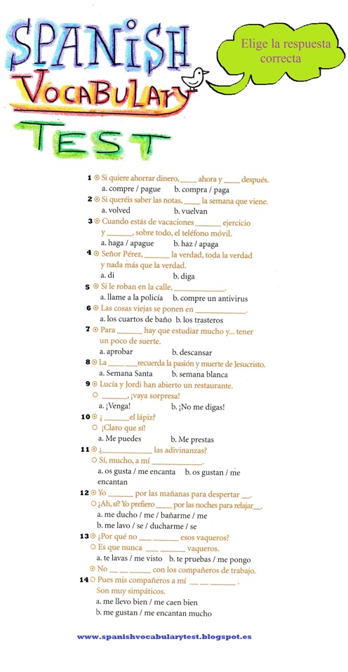 Spanish Test: Spanish Vocabulary Test: Test (Imperativos, Pronominales)