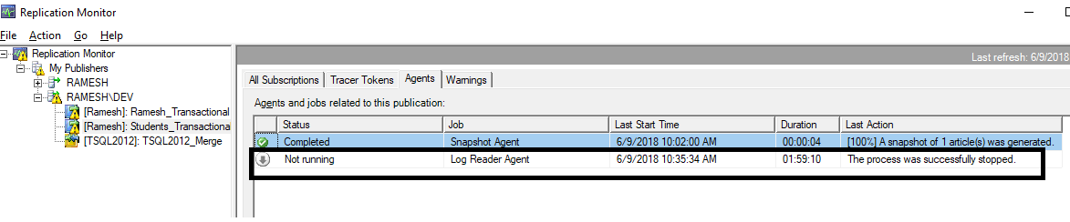 The process could not execute 'sp_repldone/sp_replcounters' on 'RAMESH\DEV'. (Source: MSSQL_REPL ...