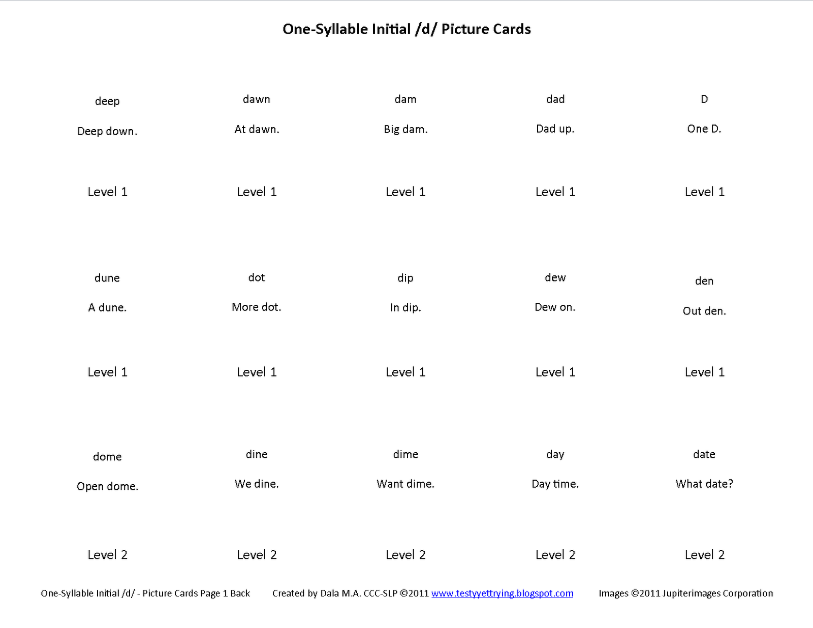 Testy yet trying: Initial D: Free Speech Therapy Articulation Picture Cards