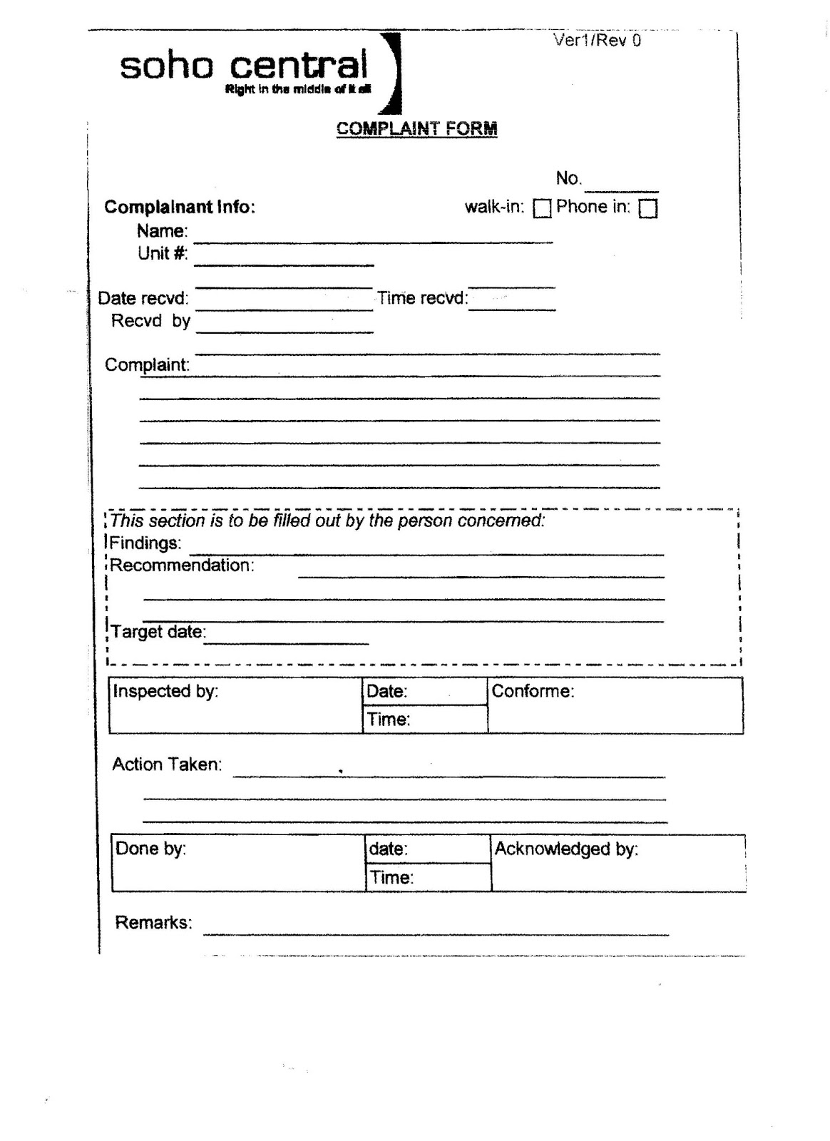 Soho Central Condominium: Soho Central Complaint Form (enlarged)