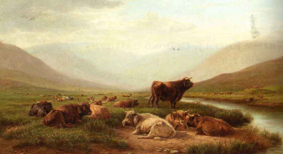 British Art: William Luker - Highland cattle resting in a mountainous ...