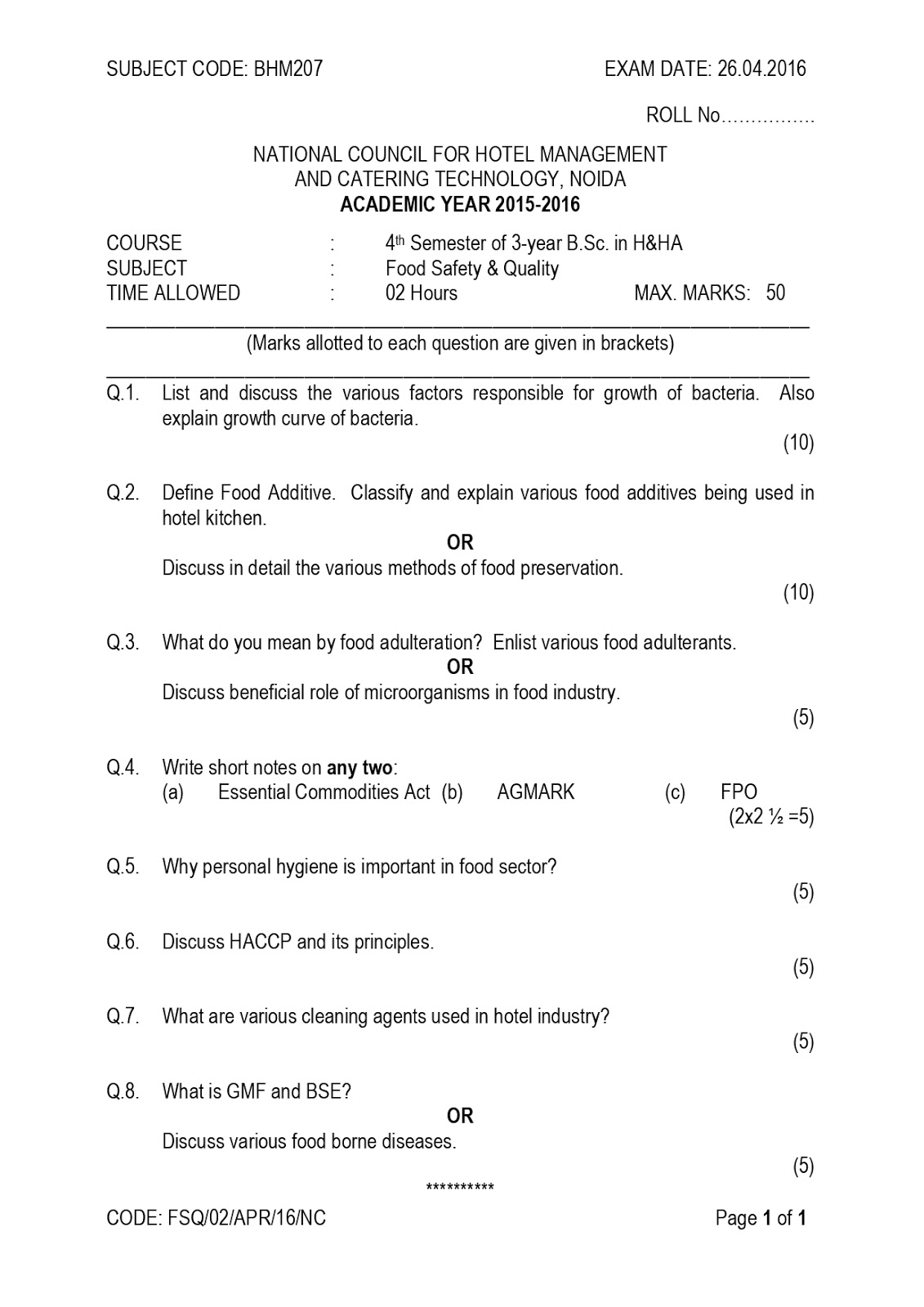 Food Safety & Quality Notes for IHM Students: 2019