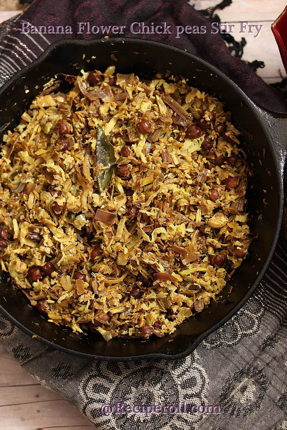 Banana flower stir fried with black channa | Koombu Kadala Thoran