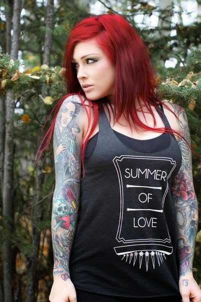 Colorful sleeve tattooed red head lady - World Amazing Tattoos