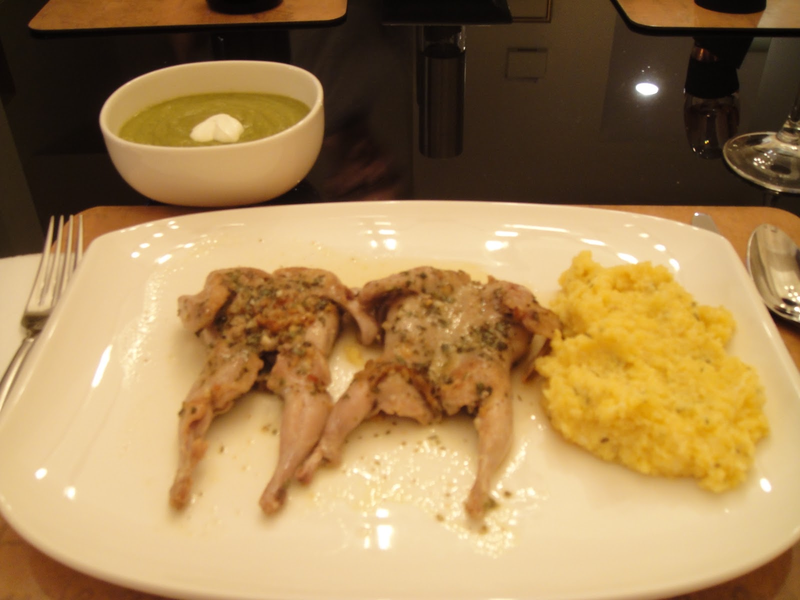 The Kitchen Frog: Braised Quail with Polenta and Leek Broccoli Soup