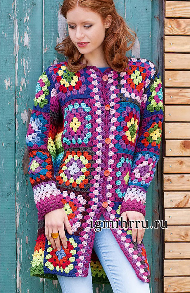 crochelinhasagulhas: Casaco colorido com square em crochê