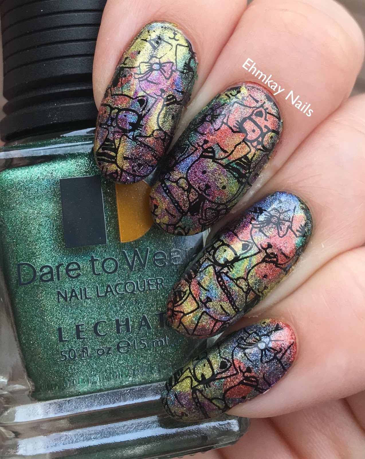ehmkay nails: Born Pretty Cat Plate over Holo Rainbow Smoosh Mani