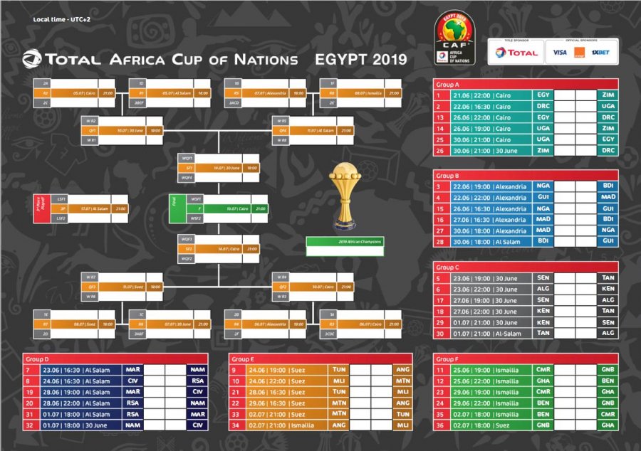 جدول مباريات بطولة كأس الأمم الافريقية 2019