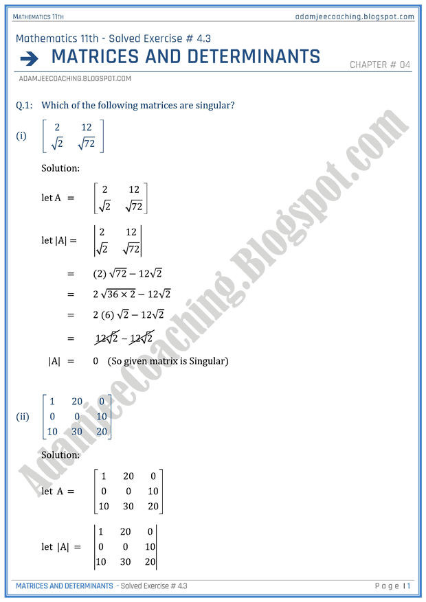 Adamjee Coaching: Matrices and Determinants - Exercise 4.3 ...