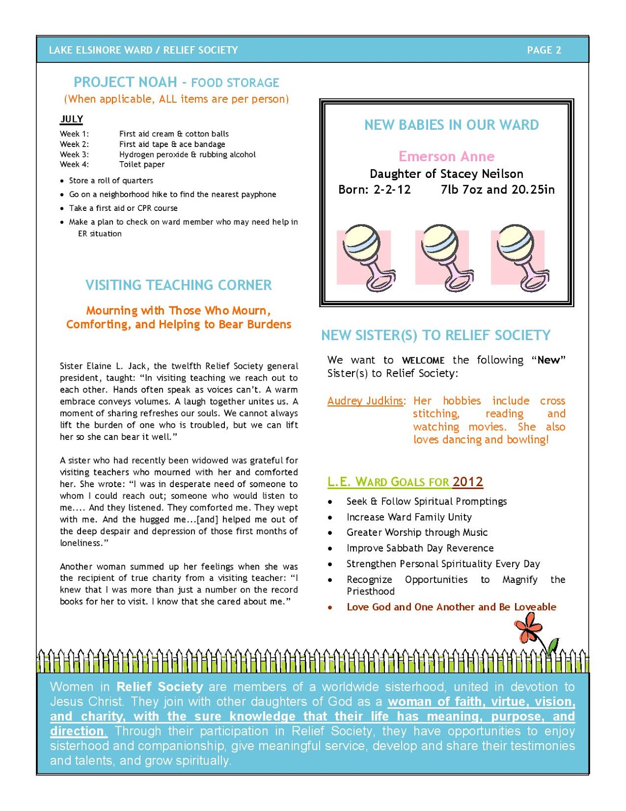 Lake Elsinore Relief Society: Newsletter and Calendar