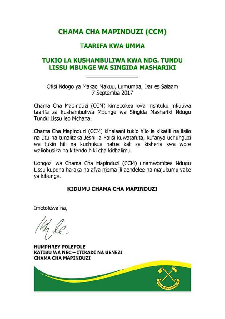 RAISI MAGUFULI ATOA TAMKO KUHUSU SHAMBULIO LA RISASI DHIDI YA MHESHIMIWA TUNDU LISSU - Simon ...