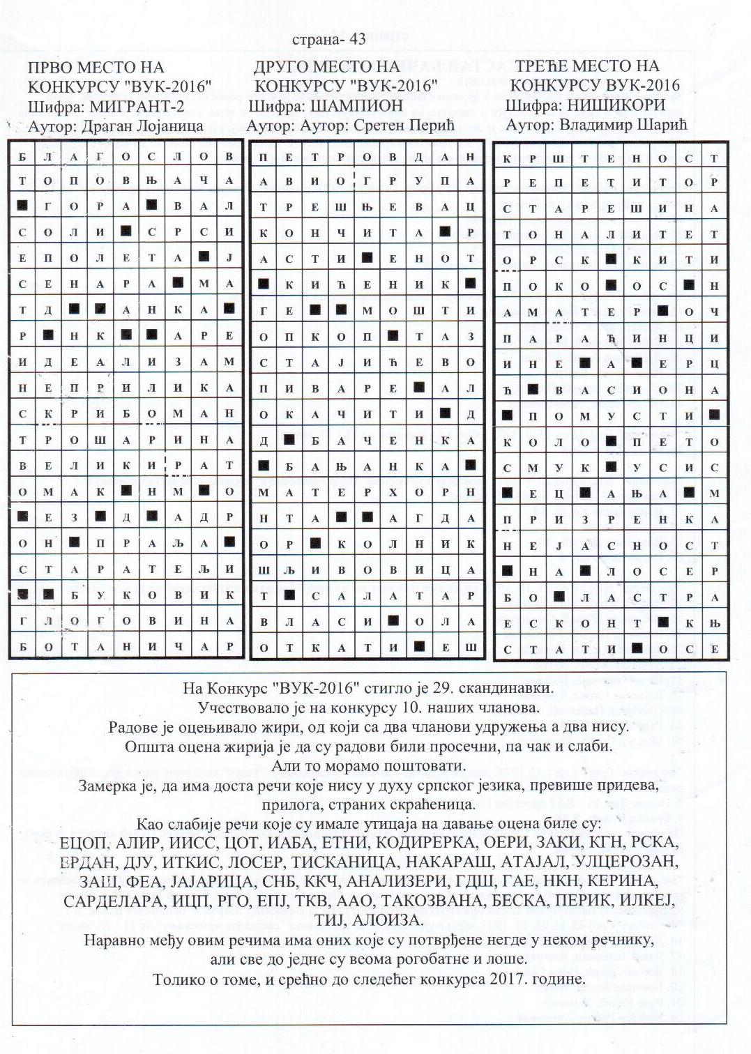ENIGMATIKA (tupljenje i oštrenje): UKRŠTENICE "VUK 2016"