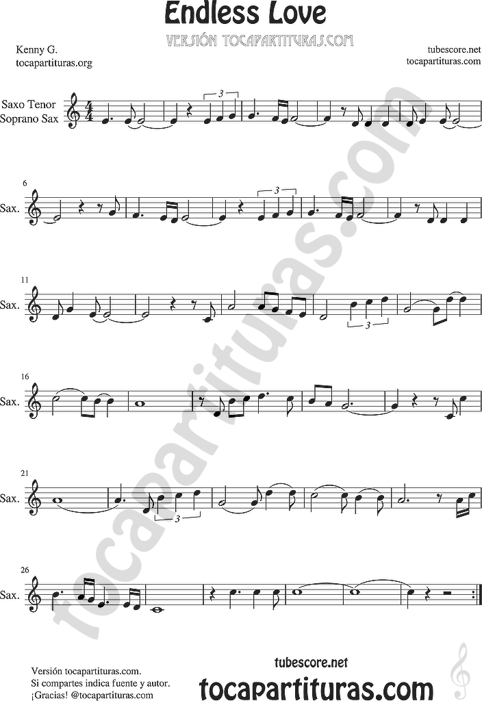tubescore: Endless Love Sheet Music for Flute, Violin, Alto Sax, Trumpet, Guitar, Viola, Oboe ...